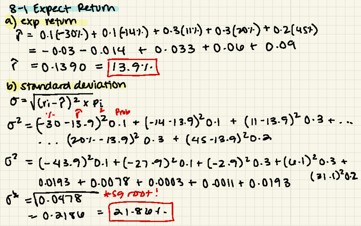 Ch. 8 Practice Problems - 8-1 Expect Return 9) exp return ↑ = 0(301) 0.) + 0(111) +0) = - 0 -0 ...