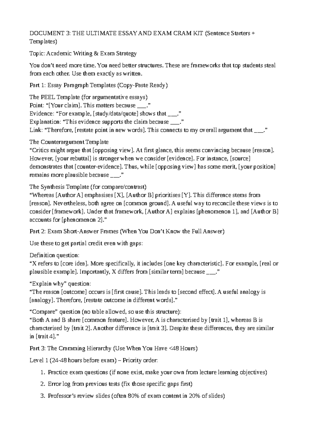 DOCUMENT 3: ESSAY & EXAM CRAM KIT (Templates & Strategies) - Studocu
