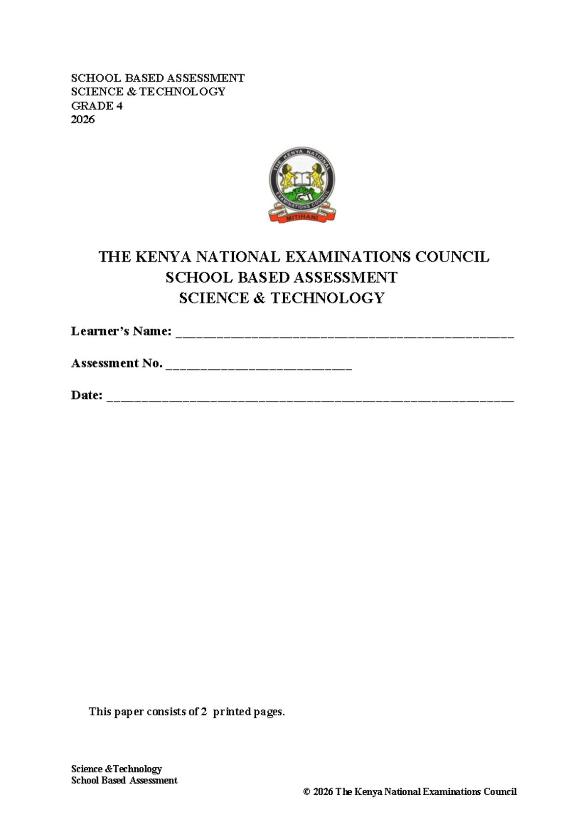 G4 Science & Technology School Based Assessment 2026 - Studocu