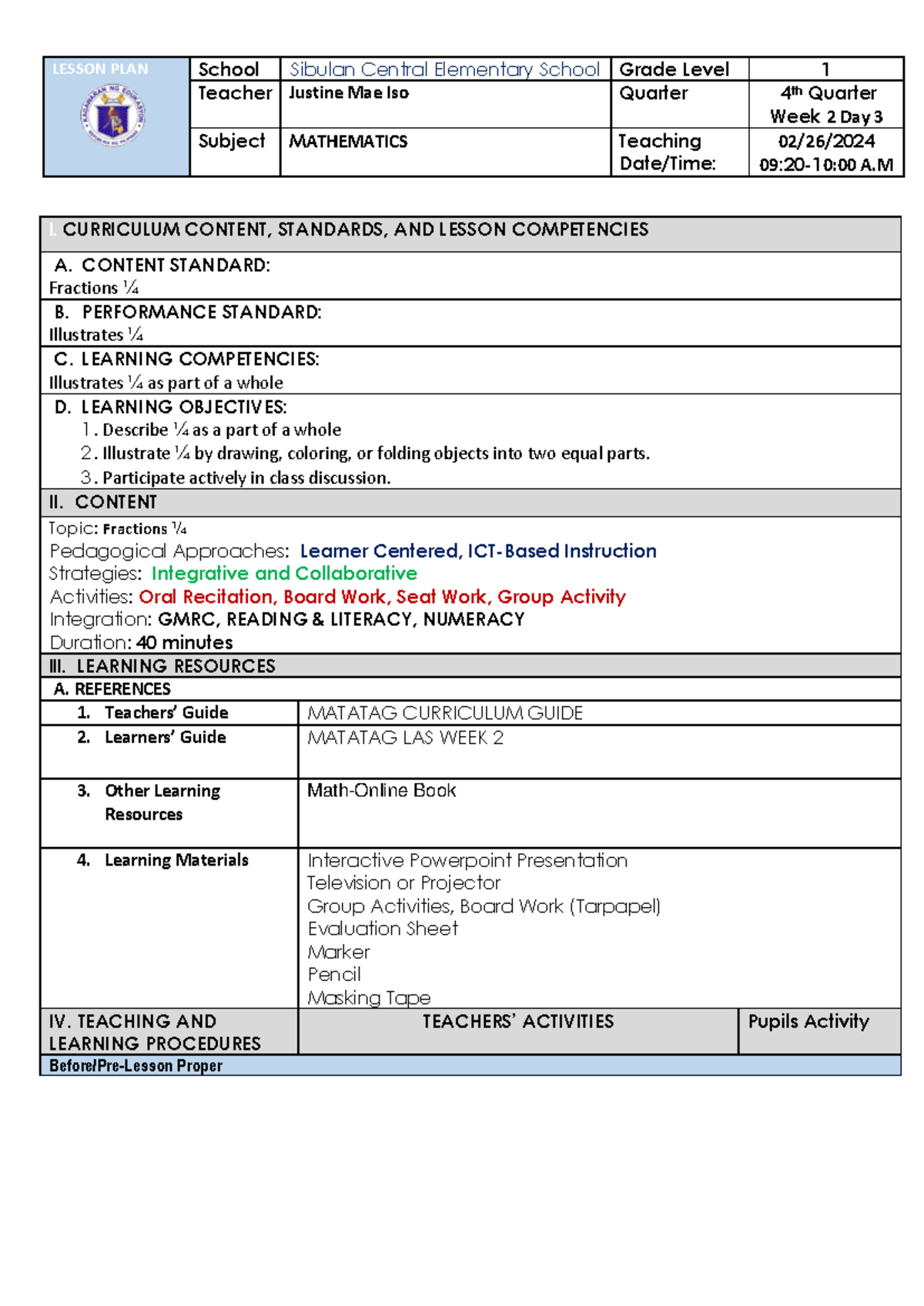 Lesson-PLAN -Mathematics WEEK 2 DAY 3 - LESSON PLAN School Sibulan ...