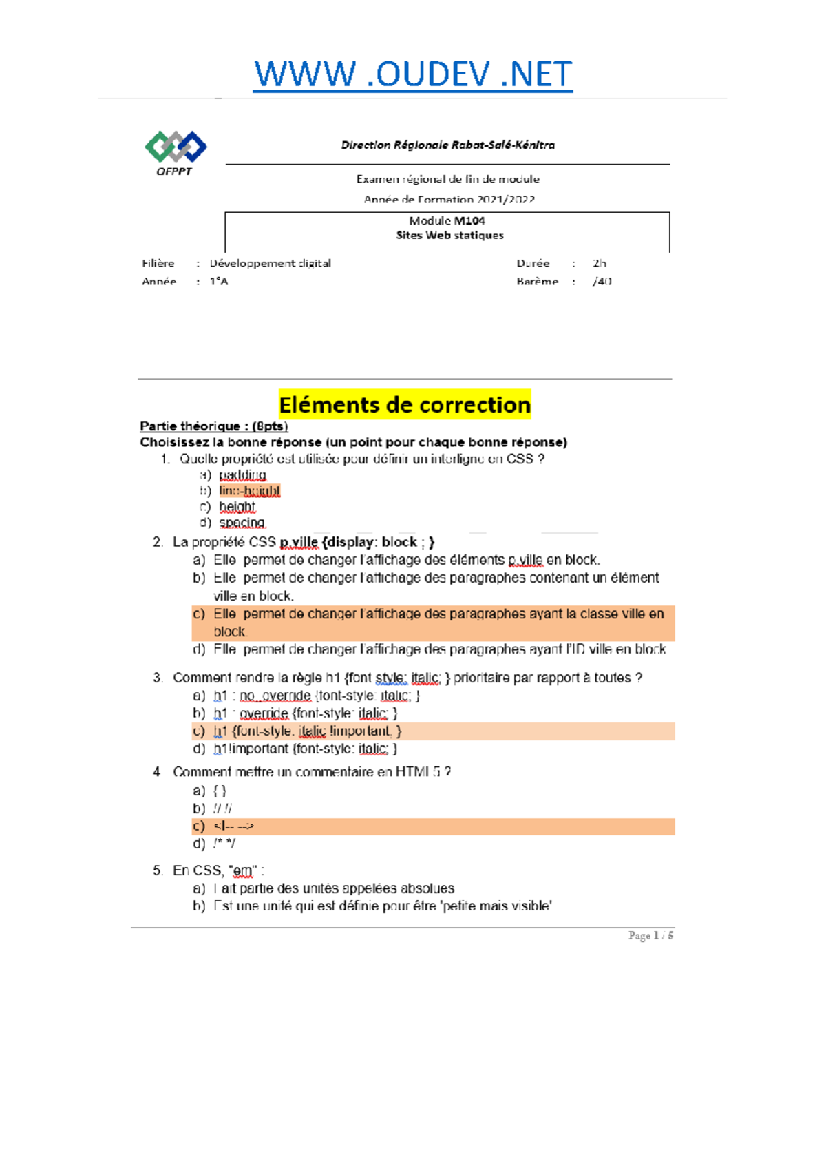 Correction Module M104 - Examen HTML/CSS de Fin de Module - Studocu