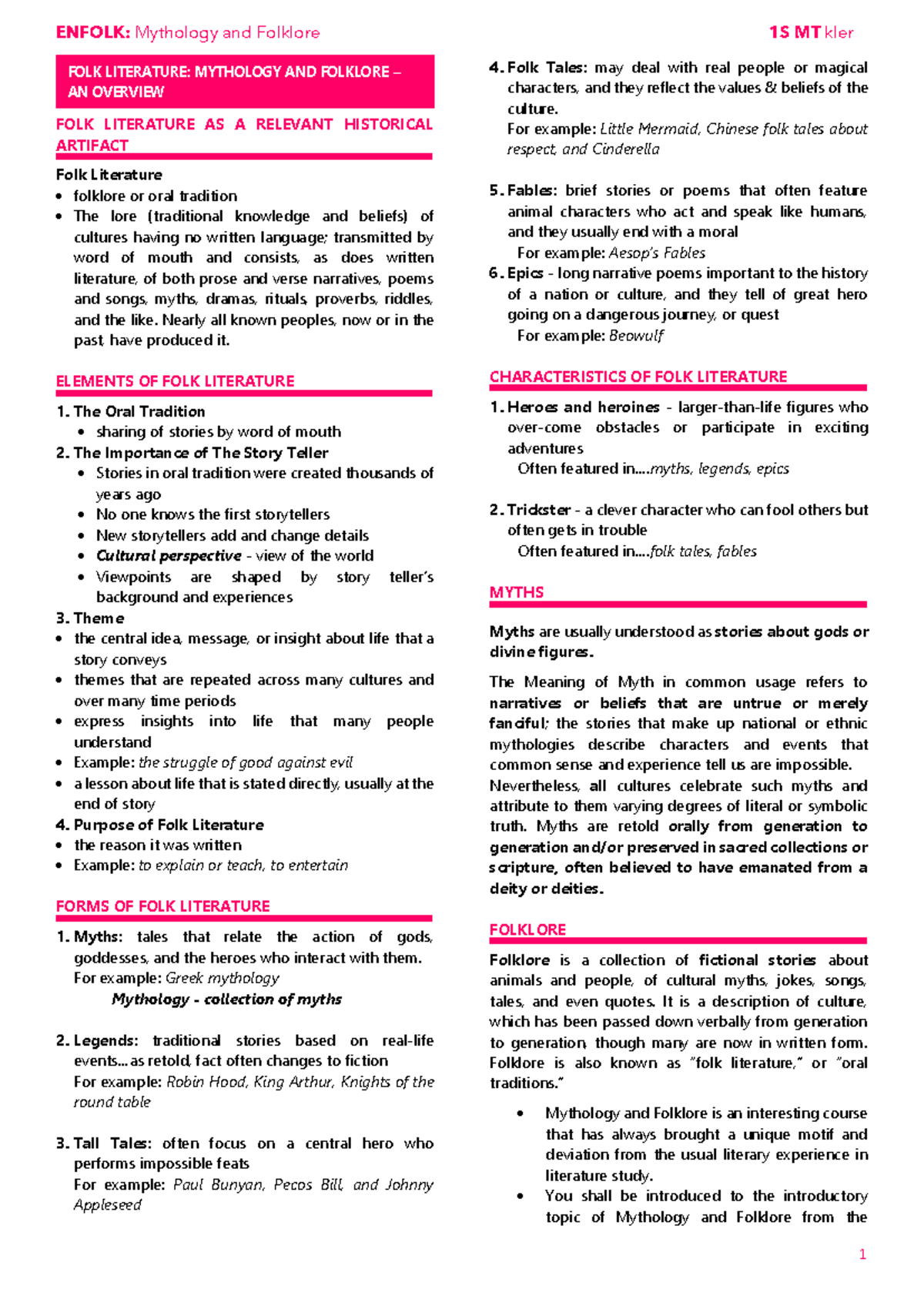 ENFOLK 1S MT: Midterm Study on Mythology and Folklore - Studocu