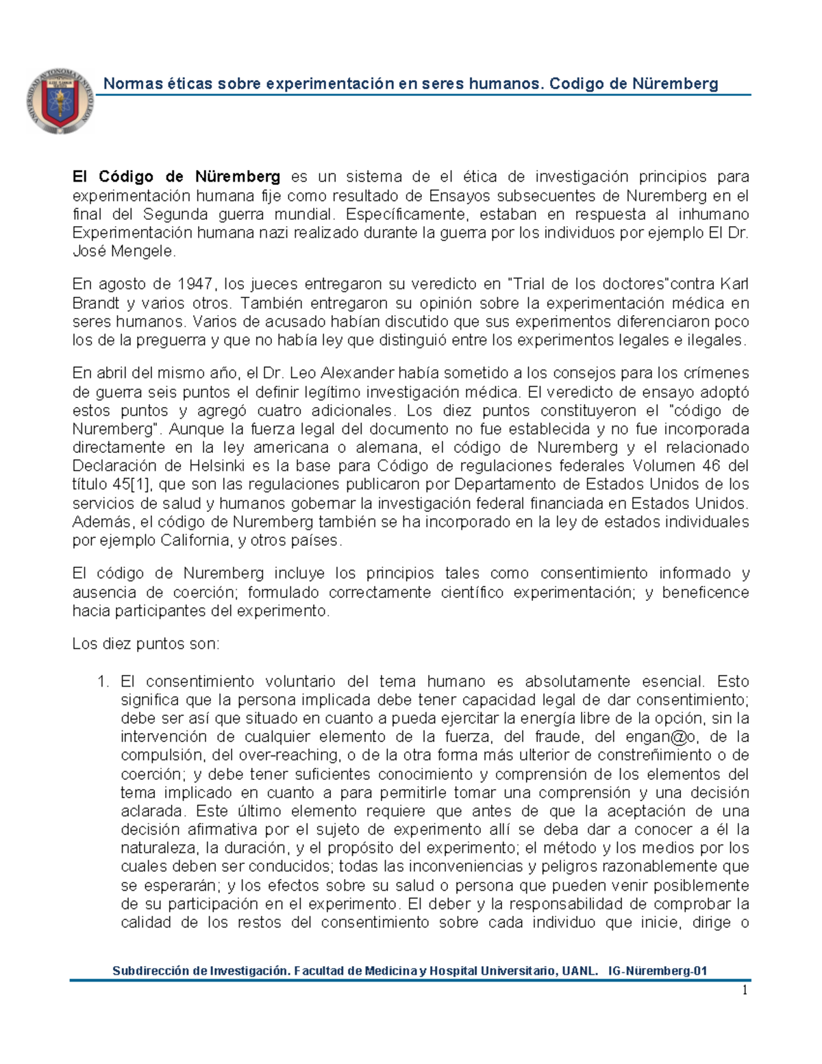 Código de Nuremberg: Normas Éticas en Experimentación Humana - Studocu