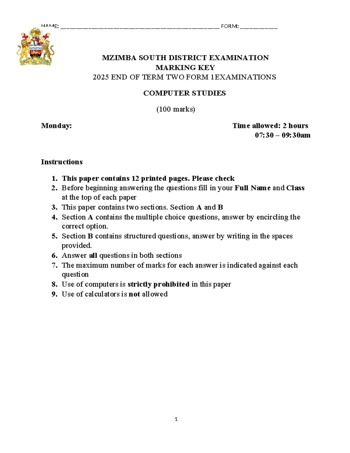 Computer Studies FORM 1 End of Term Two Examination Questions - Studocu