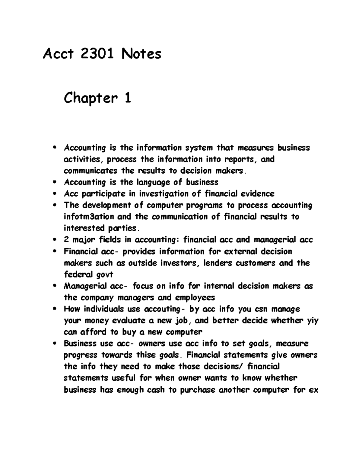 Acct 2301 Chapter 1 Notes: Introduction to Accounting Principles - Studocu