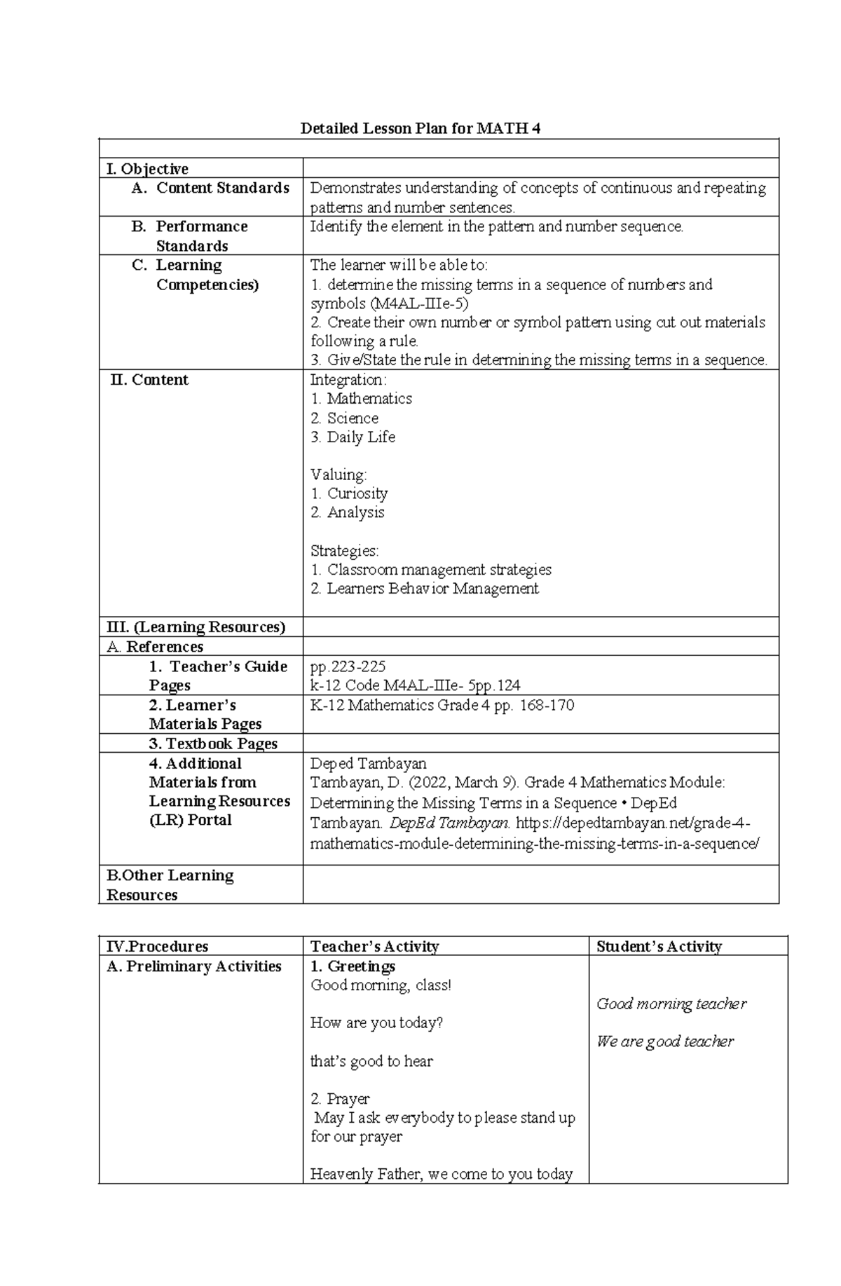 Final Lesson Plan for MATH 4: Determining Missing Terms in Sequences ...