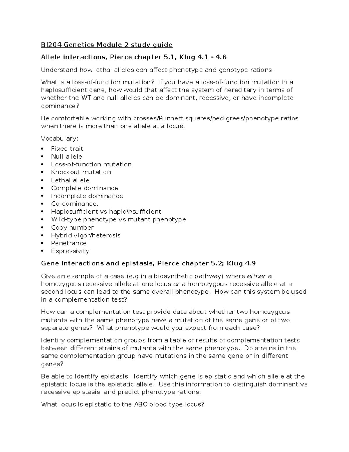 BI204 Genetics Module 2 Study Guide: Allele Interactions & Key Concepts ...