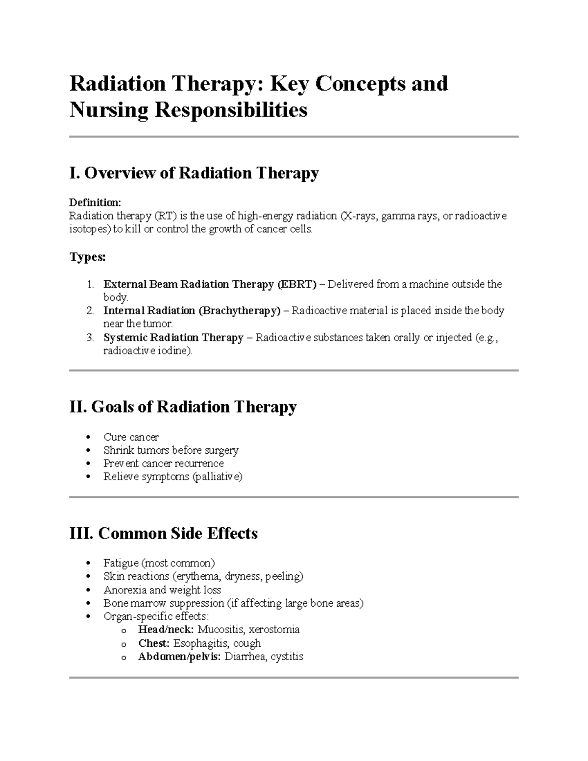 Radiation Therapy: Key Concepts & Nursing Roles - MCN2 RLE - Studocu