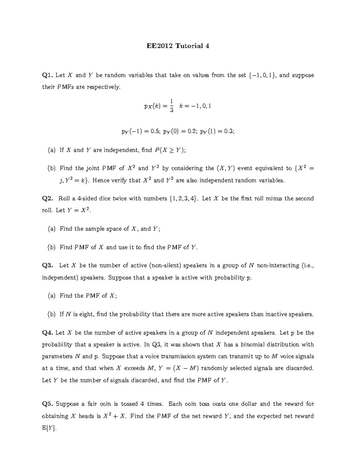 EE2012 Tutorial 4 - Random Variables and PMFs Analysis - Studocu