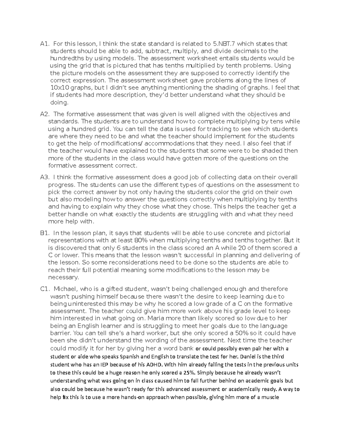 D091 Task 3 - Analysis of Formative Assessment in 5.NBT.7 Standards ...