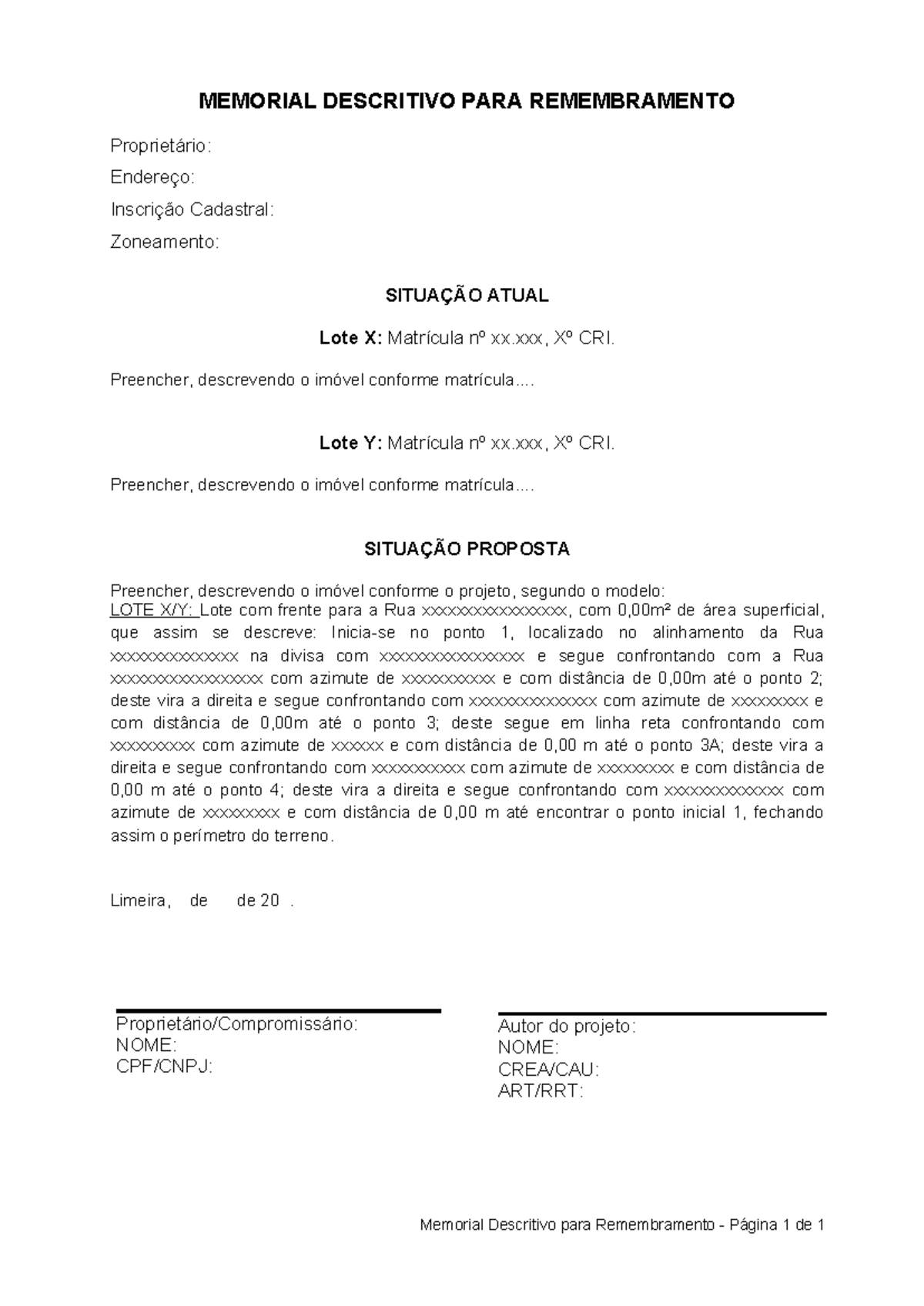 Modelo de Memorial Descritivo para Remembramento - Limeira - Studocu