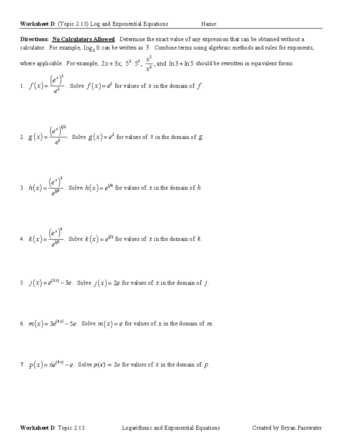 Worksheet D: Topic 2.13 - Log & Exponential Equations Assignment - Studocu