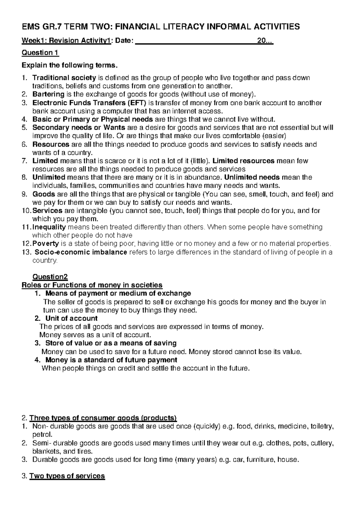 EMS G7 Term 2 Financial Literacy Informal Activities Worksheets - Studocu