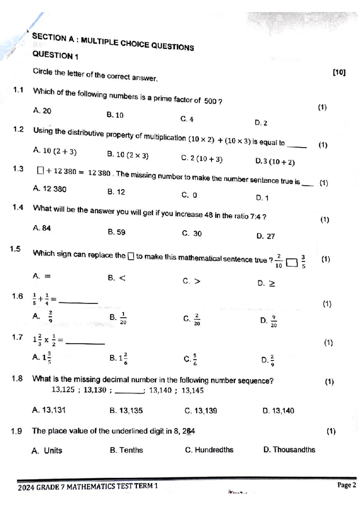 PDF Scanner 2003 25 9 - maths study pack - SECTION A : MULTIPLE CHOICE ...