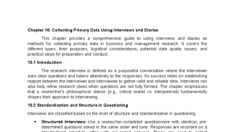 Chapter 10: Primary Data Collection via Interviews & Diaries - Studocu