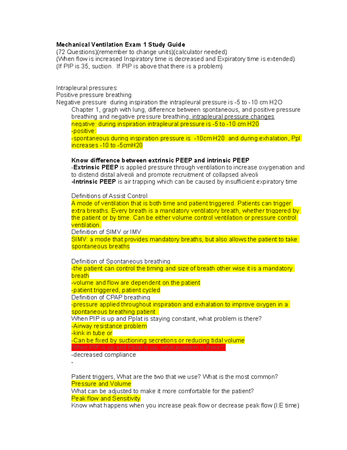 Mechanical Ventilation Exam 1 Study Guide (72 Questions) - Studocu