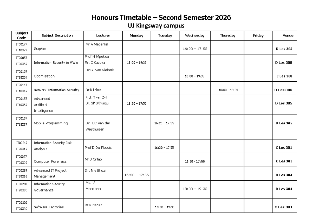 Honours 2026 Semester 2 Timetable - UJ Kingsway Campus - Studocu