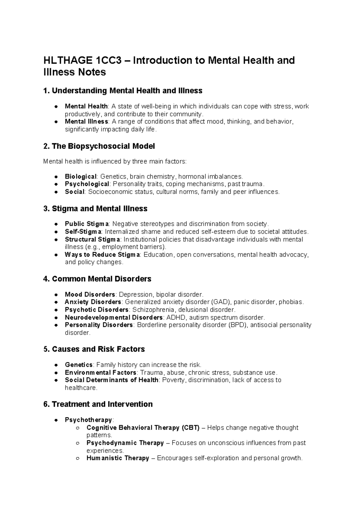HLTHAGE 1CC3 – Intro to Mental Health & Illness Overview Notes - Studocu