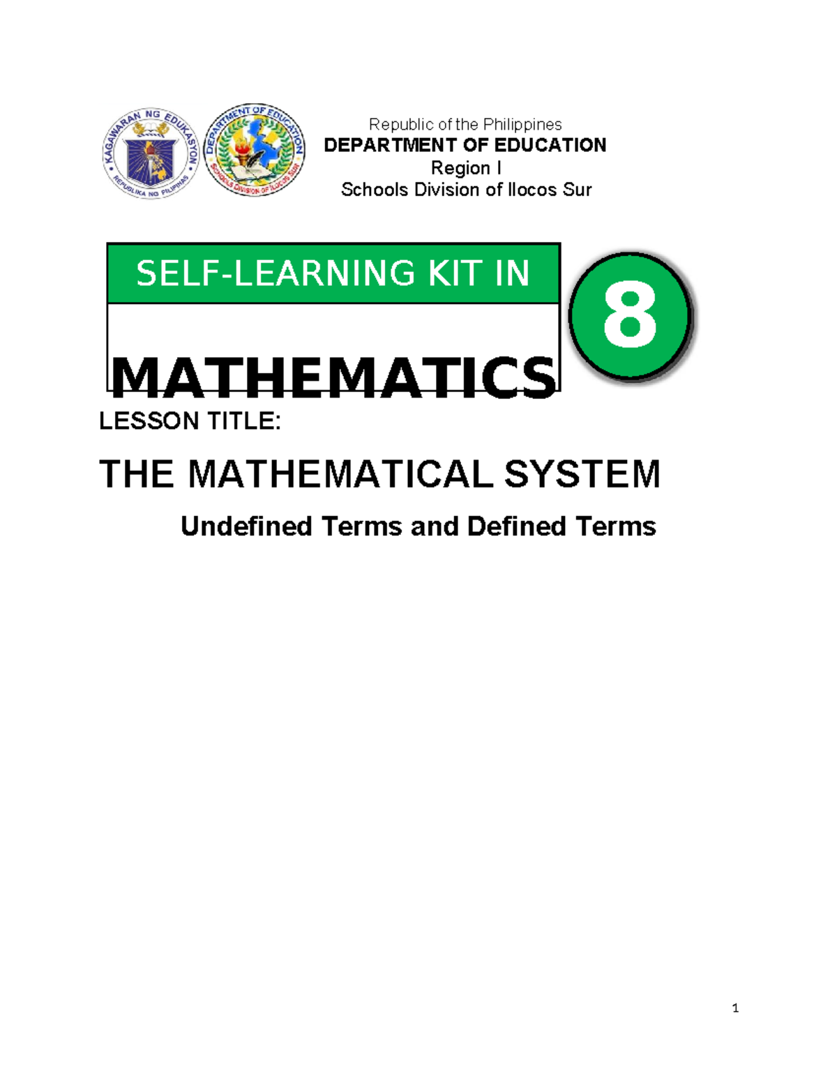 MATH 8 Q3 Lesson Kit: Understanding Undefined & Defined Terms - Studocu