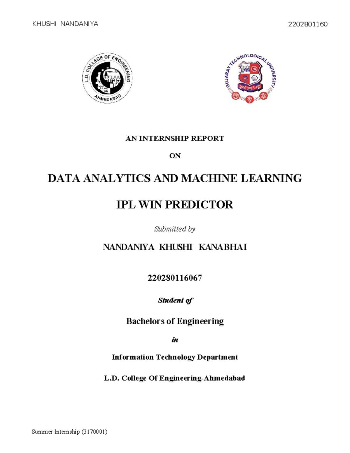 Internship Report on Data Analytics & ML: IPL Win Predictor (2202801160 ...
