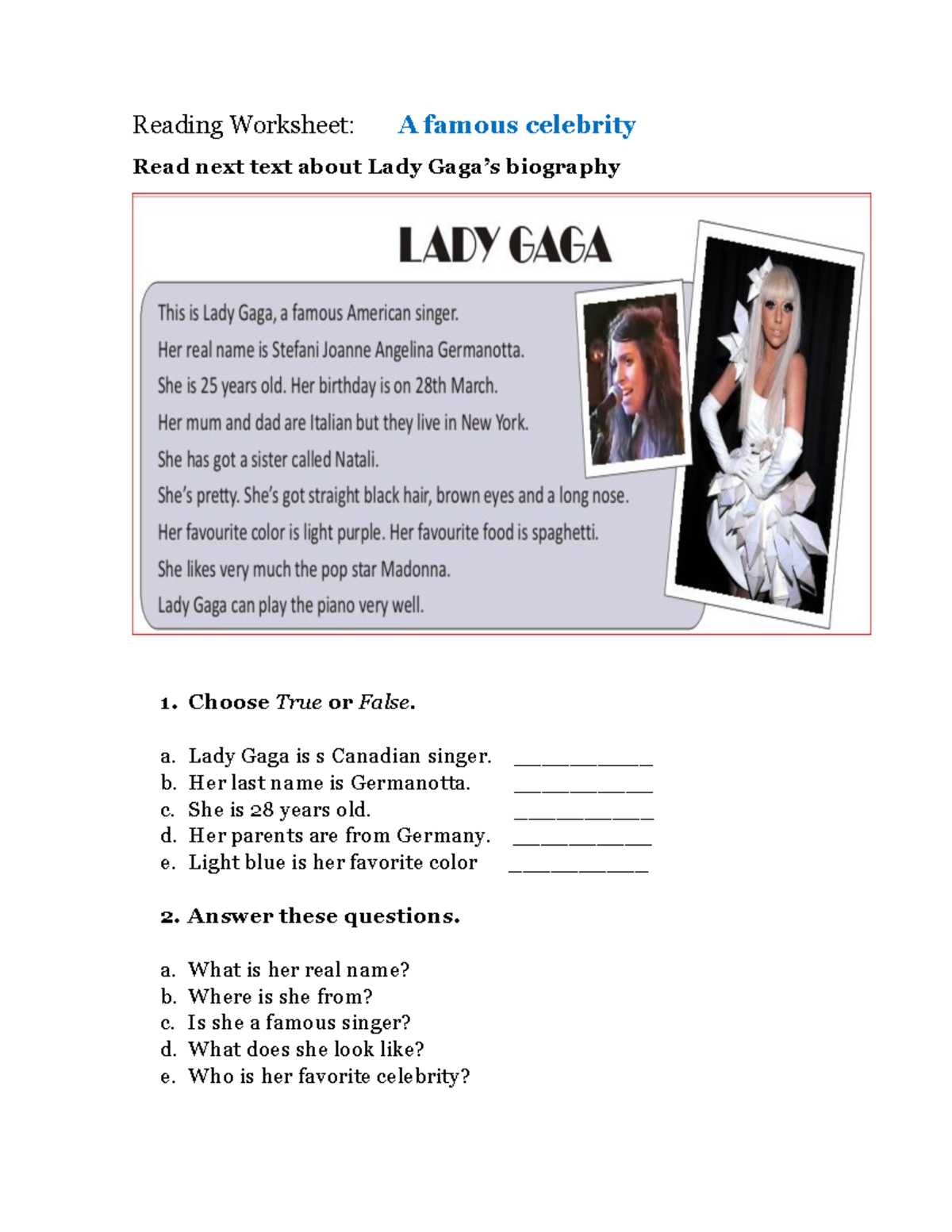 Reading text Lady Gaga - Hahahahah - Reading Worksheet: A famous ...