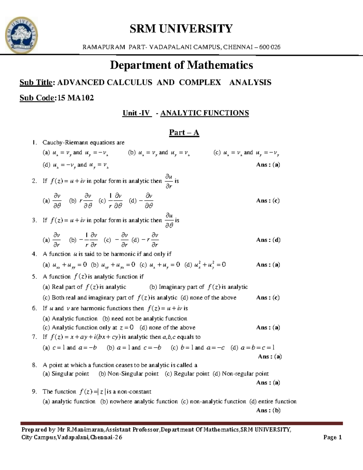 312643837 Advanced Calculus and Complex Analysis on Analytic Functions ...