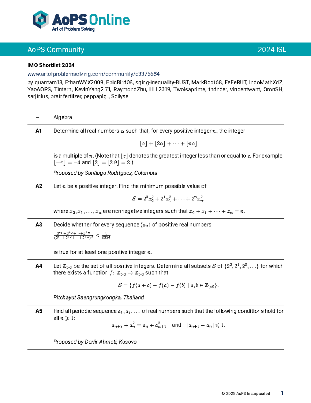 AoPS Community 2024 ISL IMO Shortlist Problems and Solutions - Studocu