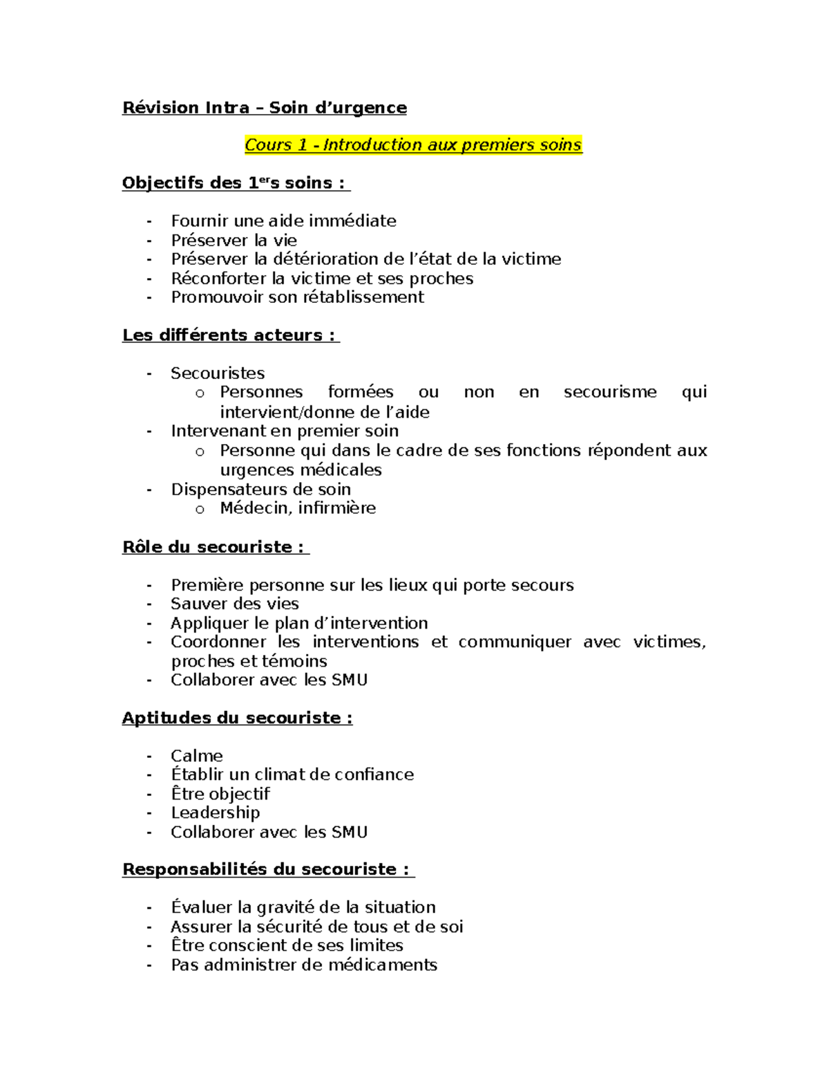 Révision Cours 1 et 2 Soin : Introduction aux Premiers Secours - Studocu