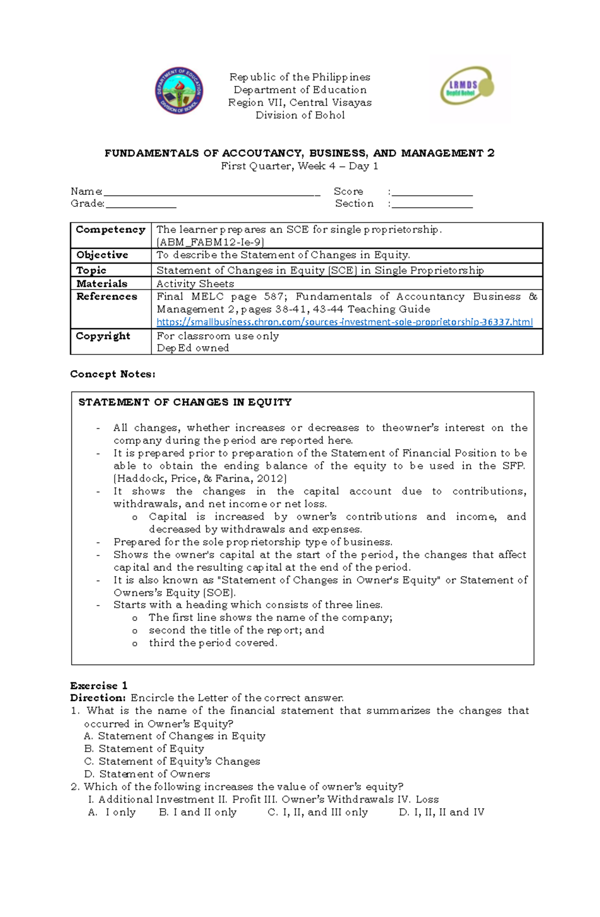 FABM 2 Q1 Lesson Activities: Statement of Changes in Equity - Studocu