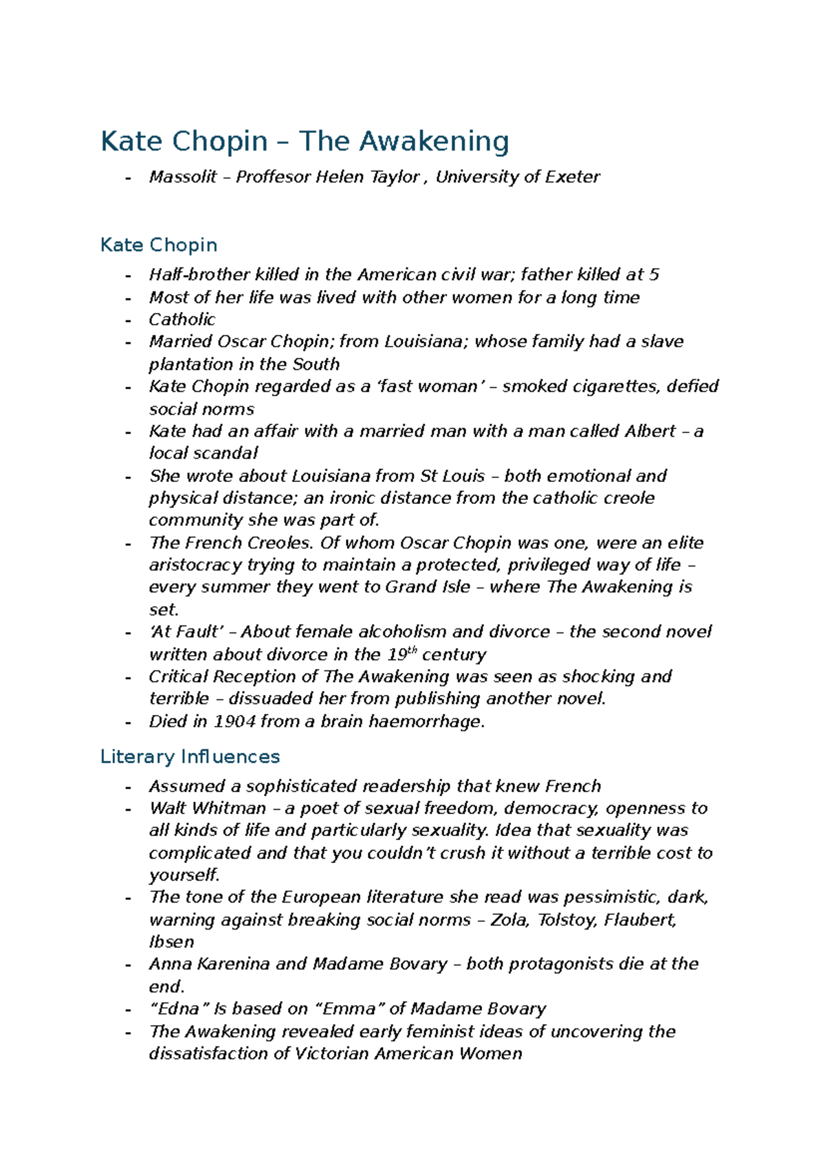 Kate Chopin's The Awakening: A Critical Analysis (ENG 201) - Studocu