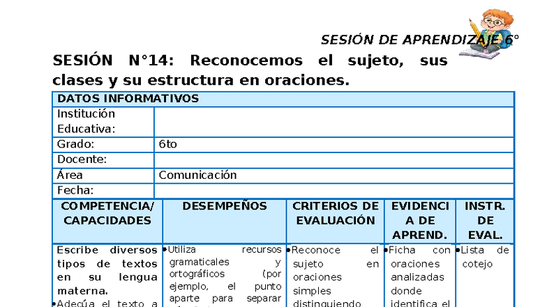 Sesión de Aprendizaje: Reconocimiento del Sujeto en Oraciones - 6to ...