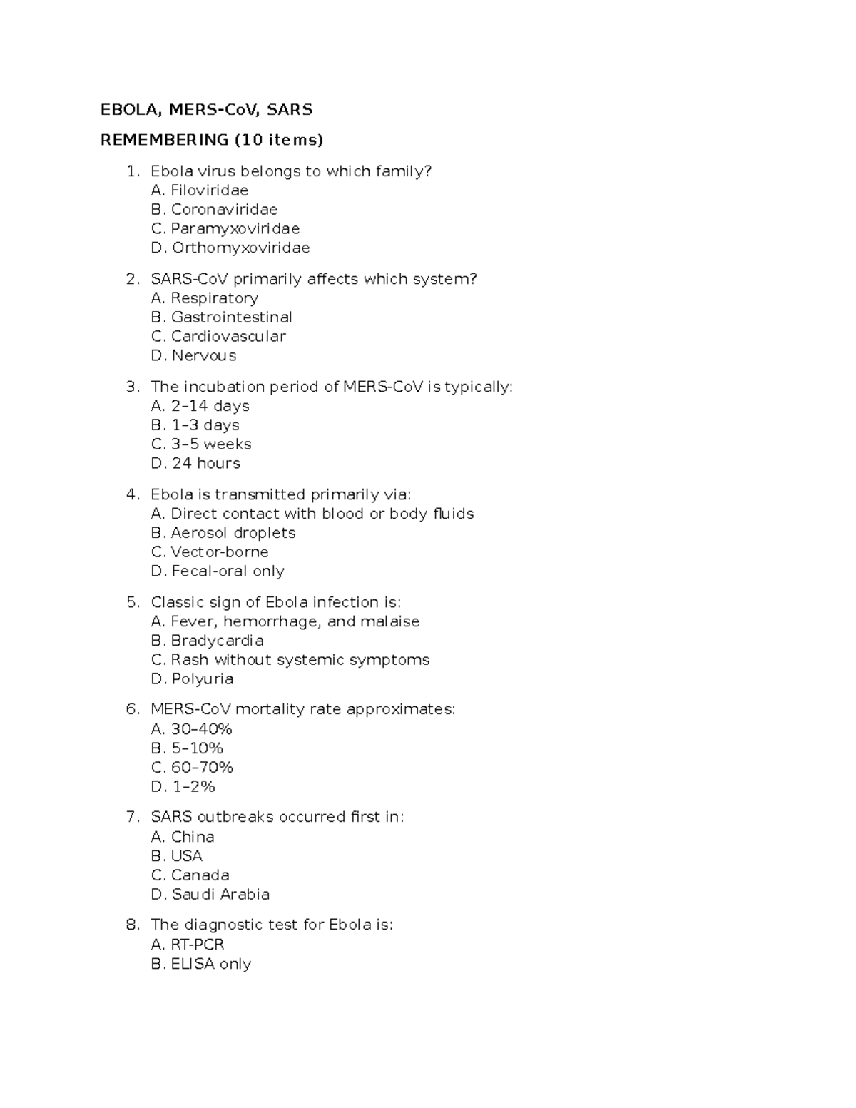 Ebola & SARS Study Guide (EBOLA 2) - Key Concepts & Questions - Studocu