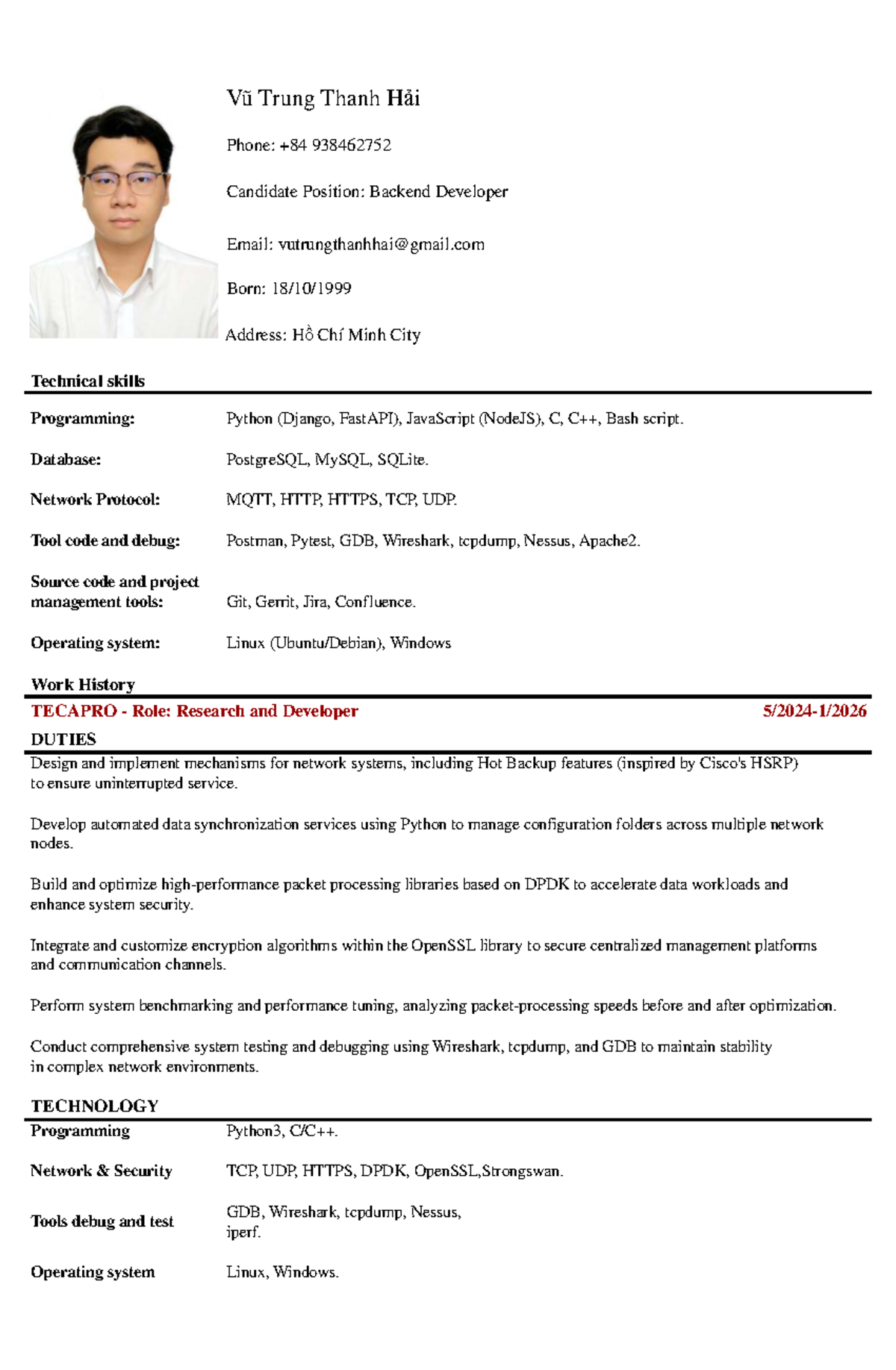 Backend Developer Resume - Vũ Trung Thanh Hải - Studocu
