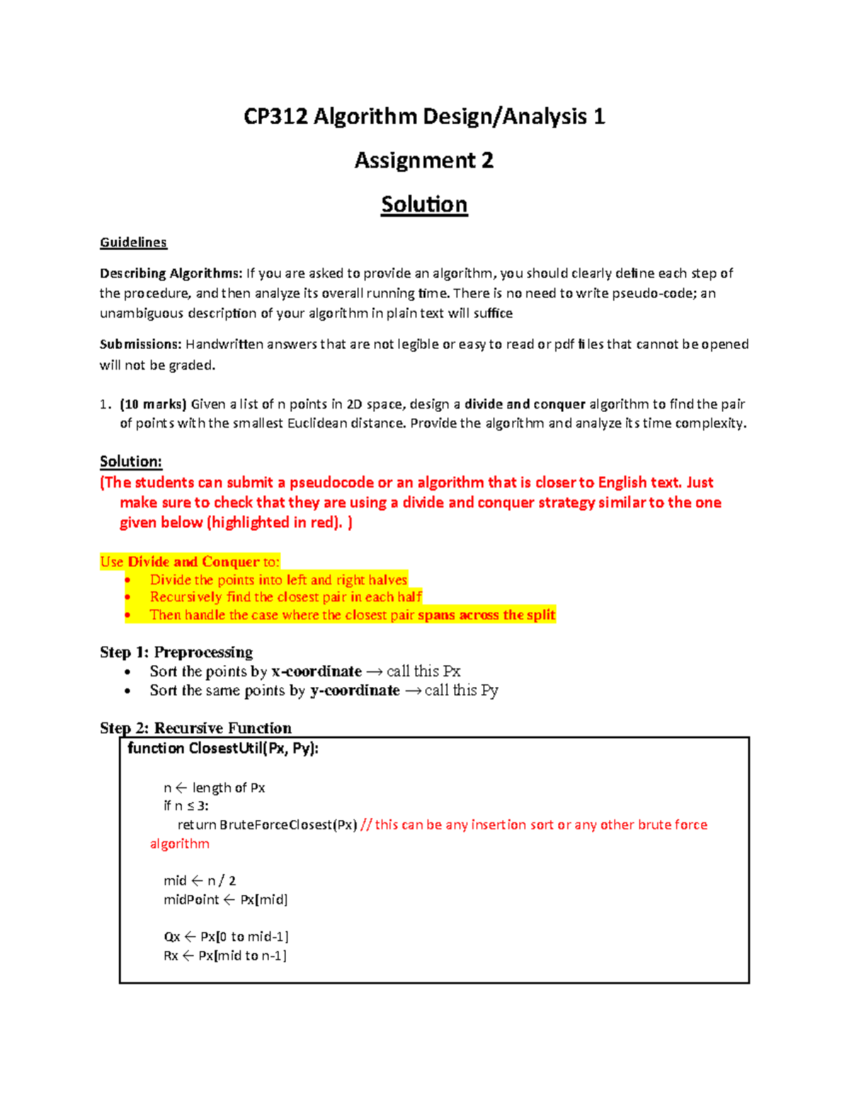 CP312 Algorithm 1 Assignment 2 Solution Guidelines - Studocu