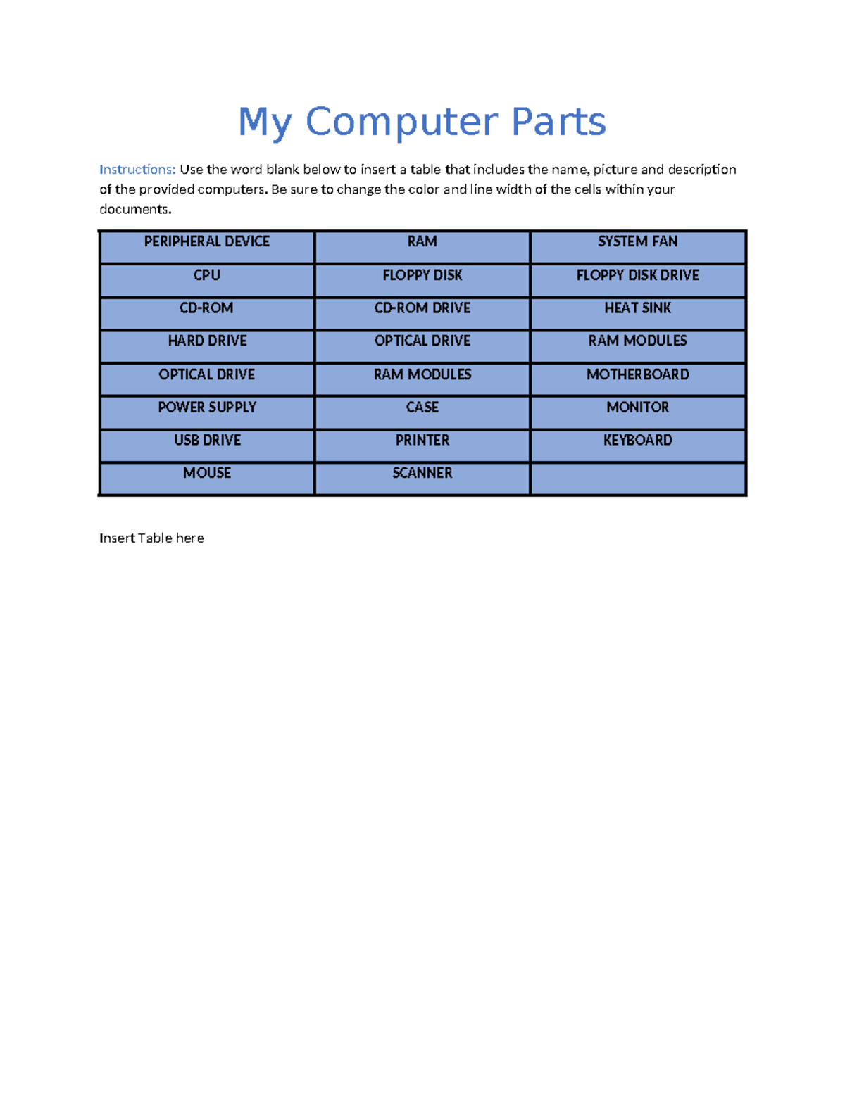 My Computer Parts - My Computer Parts Instructions: Use the word blank ...