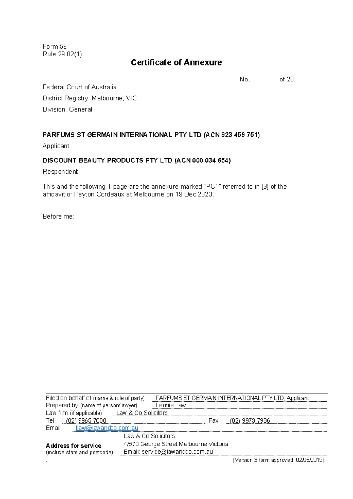Certificate of Annexure - Federal Court of Australia Case No. 20 - Studocu
