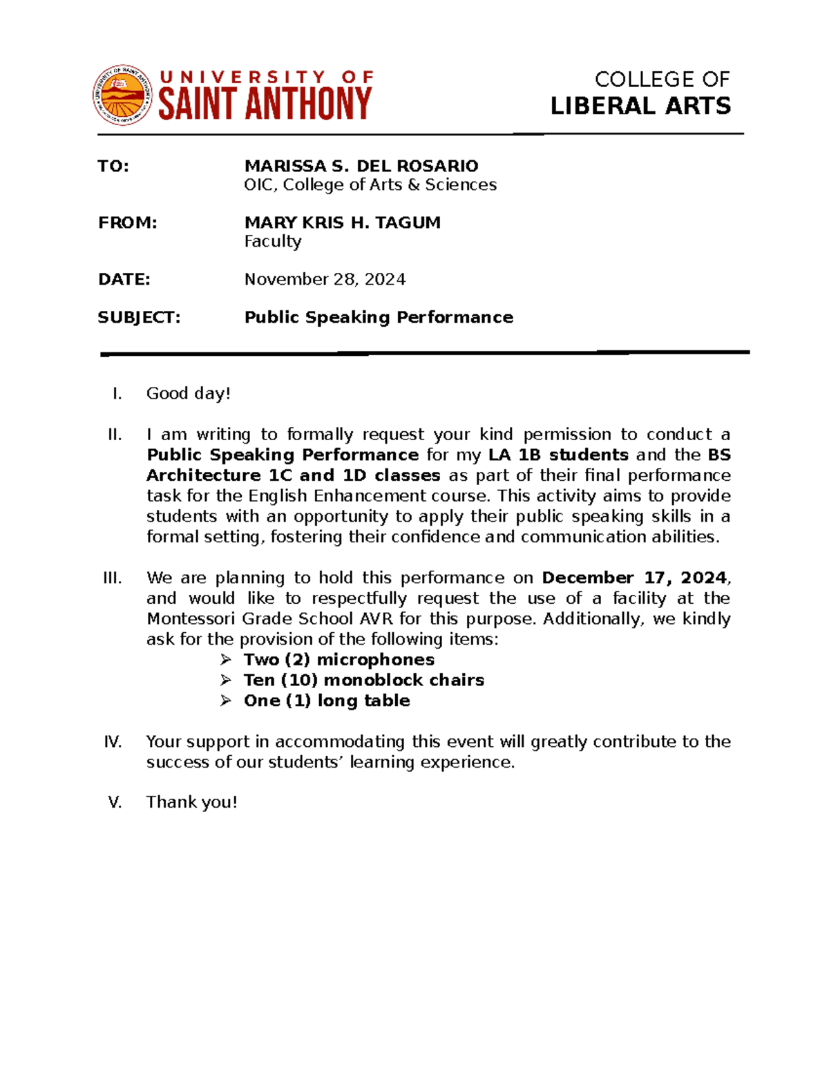 Public speaking activity letter - LIBERAL ARTS TO: MARISSA S. DEL ...