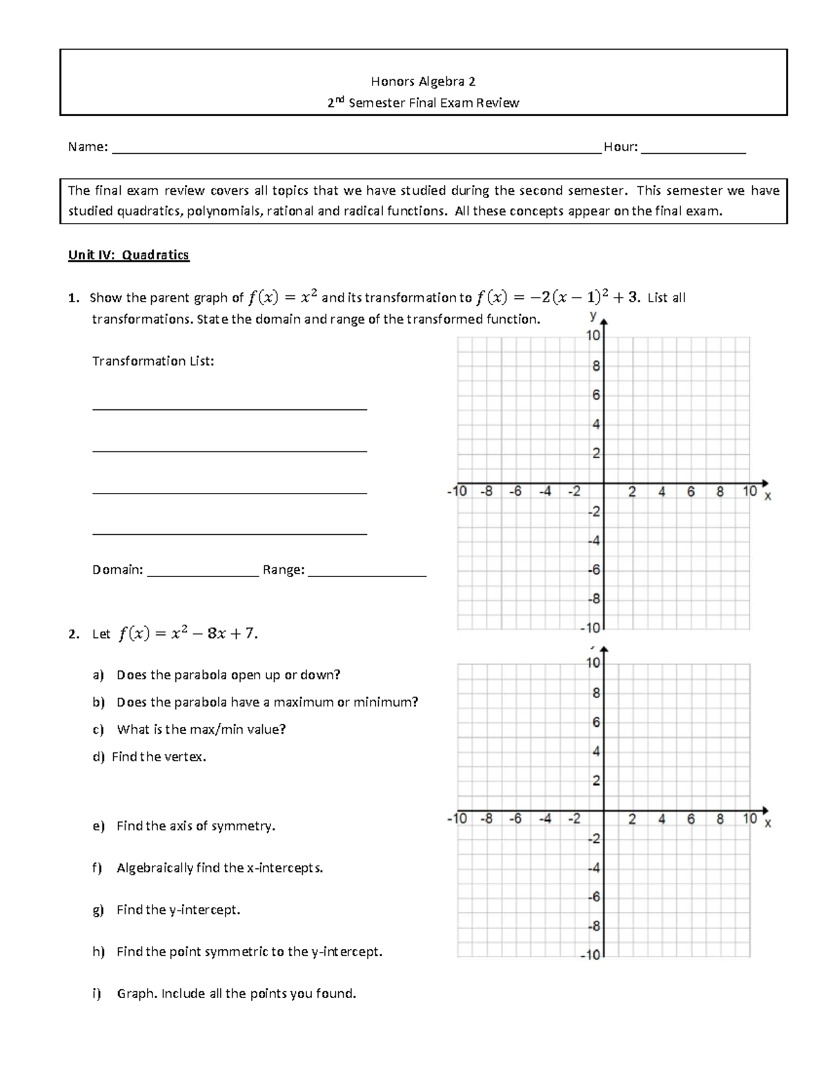 Honors Algebra 2 2nd Semester Final Exam Review (2024) - Studocu