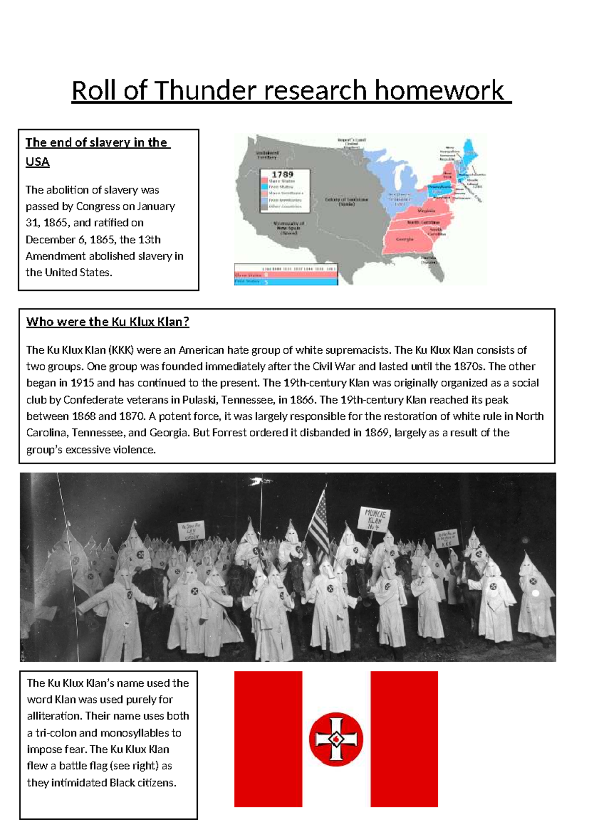 Roll of Thunder Research: The End of Slavery & KKK Overview - Studocu