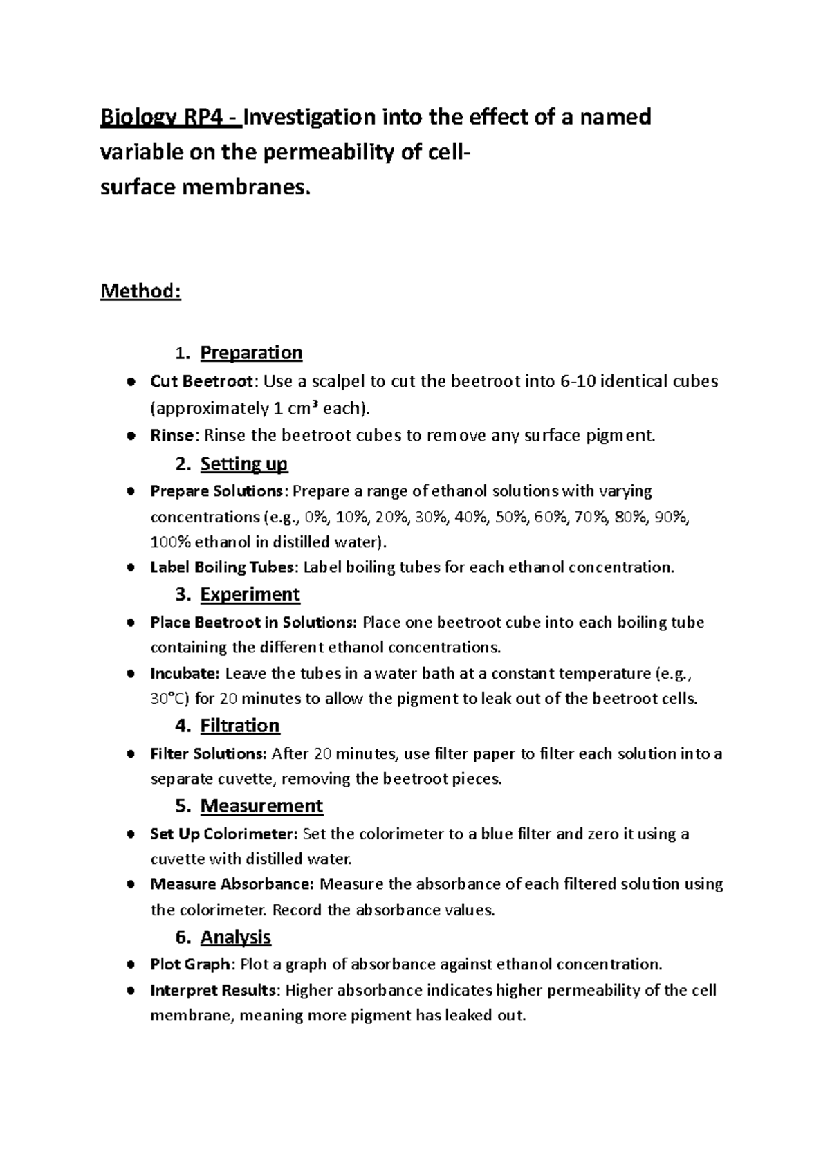 Biology RP4: Investigating Ethanol's Effect on Beetroot Membrane ...