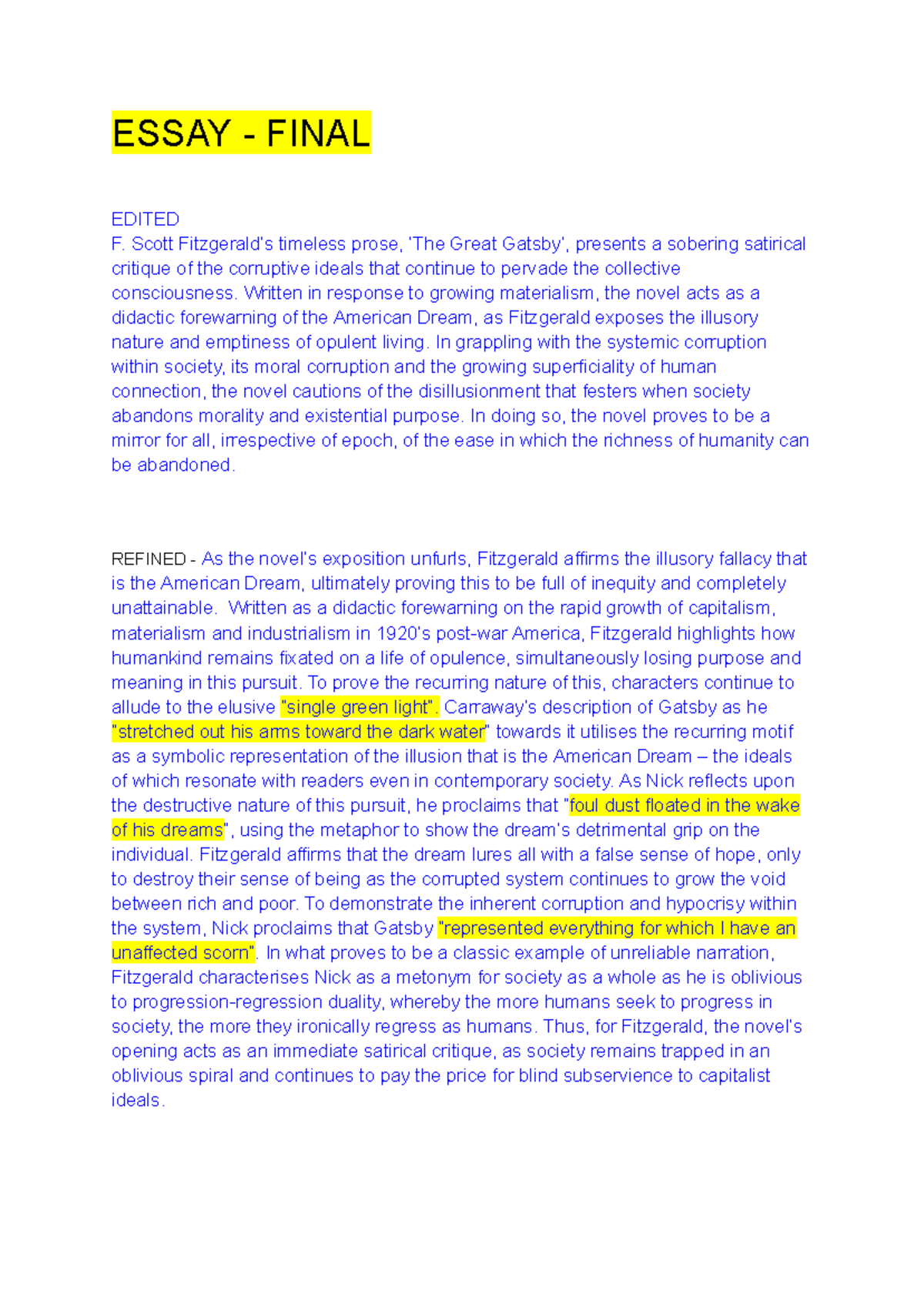 F. Scott Fitzgerald's 'The Great Gatsby' Essay - Final Exam Analysis ...
