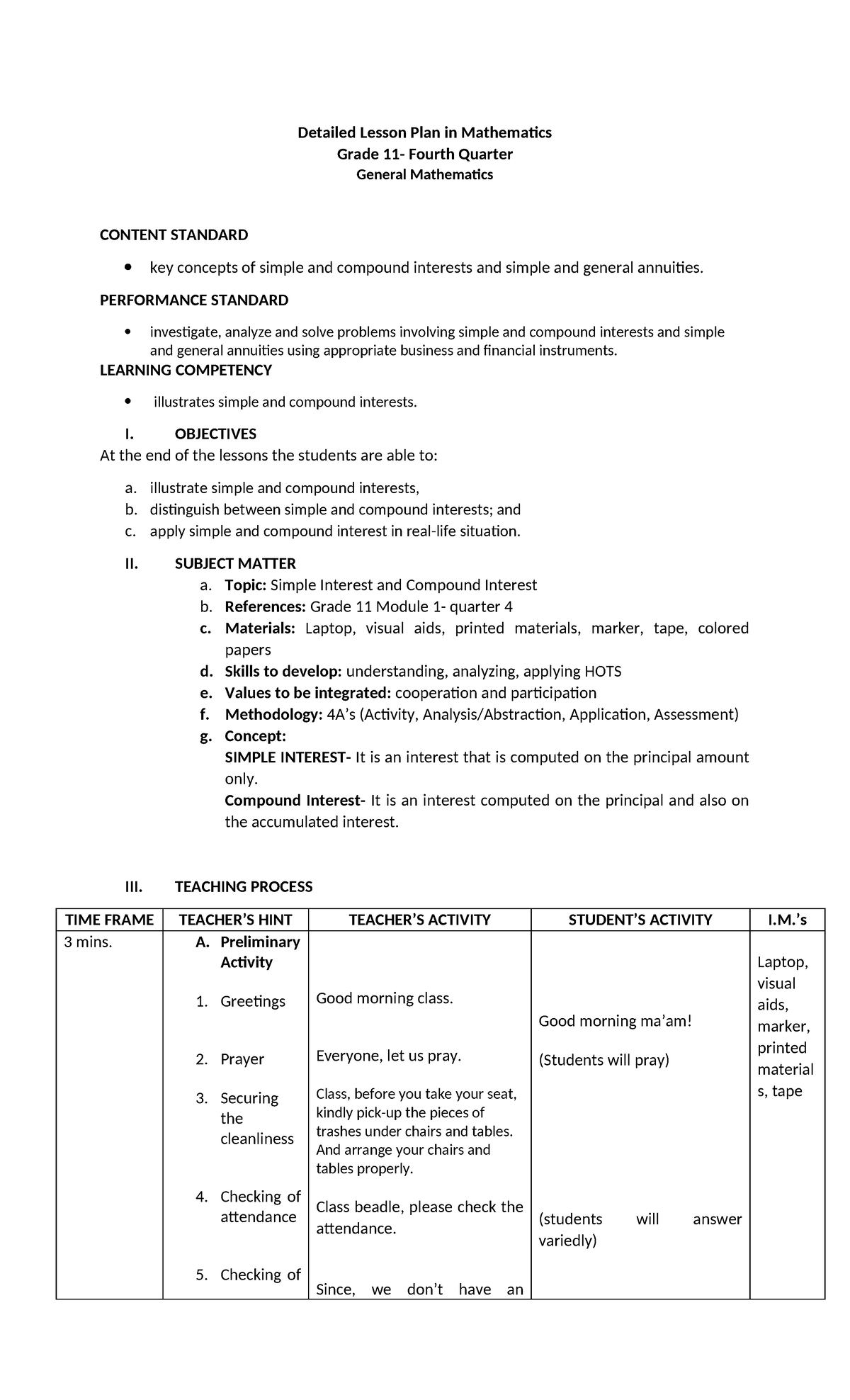 Detailed Lesson Plan: Simple & Compound Interest (Math 11) - Studocu