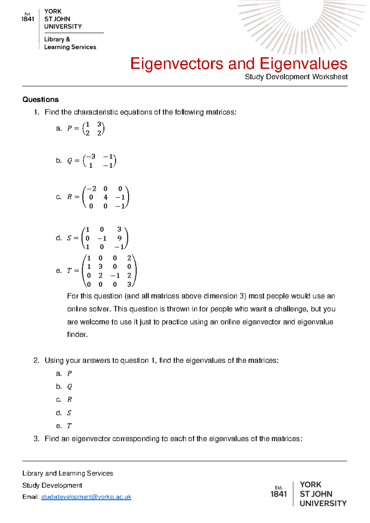 Eigenvectors and Eigenvalues Worksheet (MATH 101) - Studocu