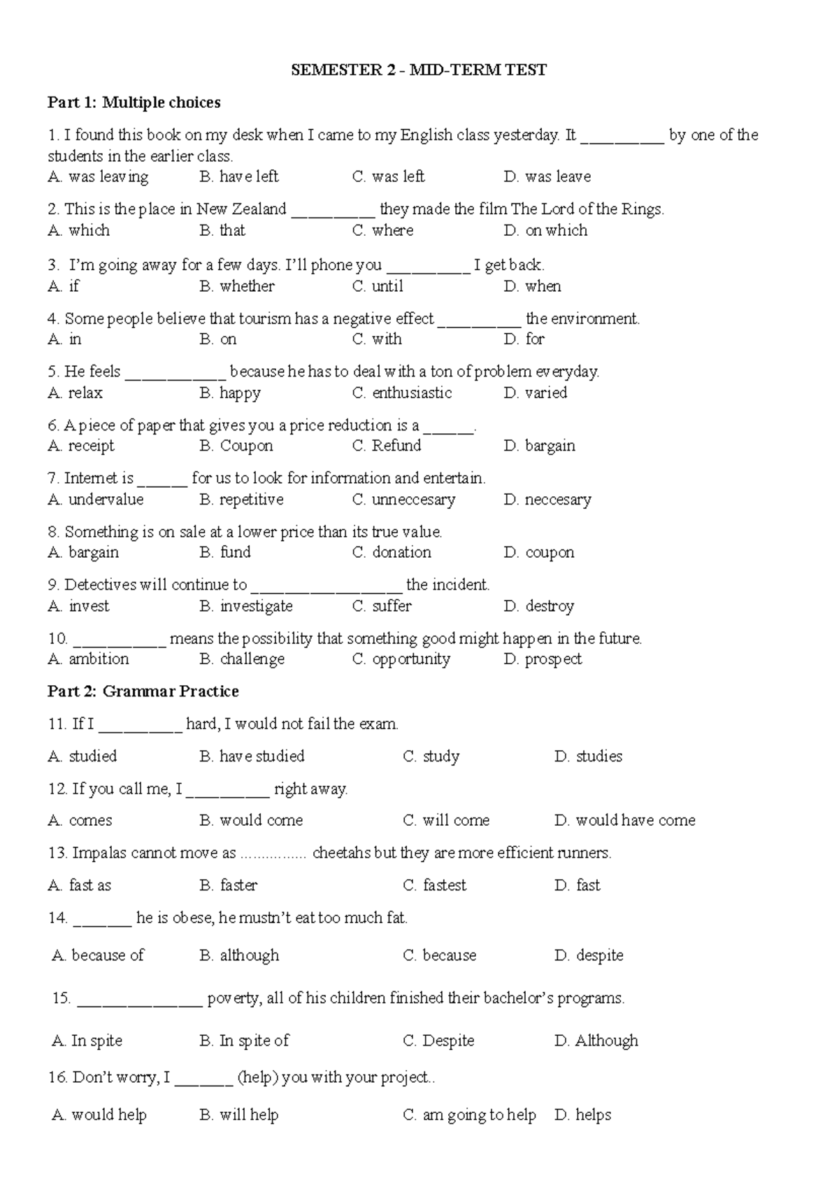 Semester 2 MID 2: Multiple Choice & Grammar Practice - Studocu