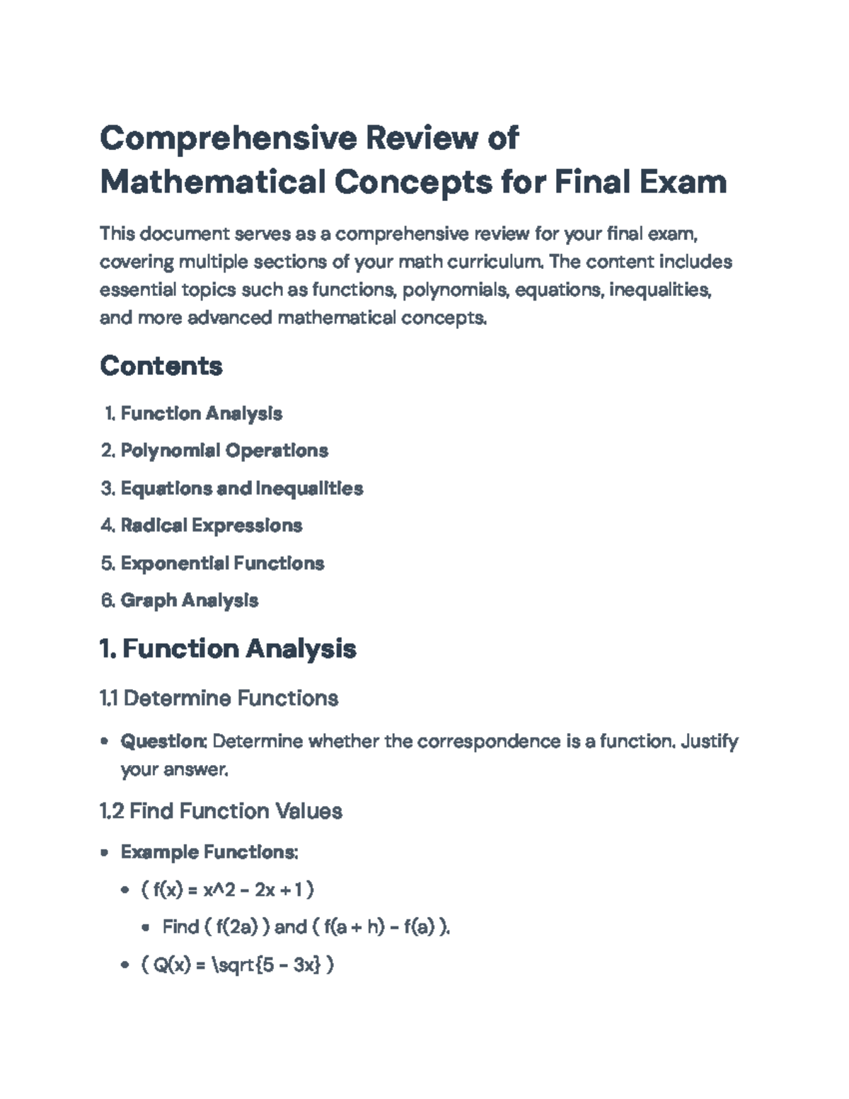 Mathematical Concepts Review for Final Exam: Essential Topics and Tasks ...