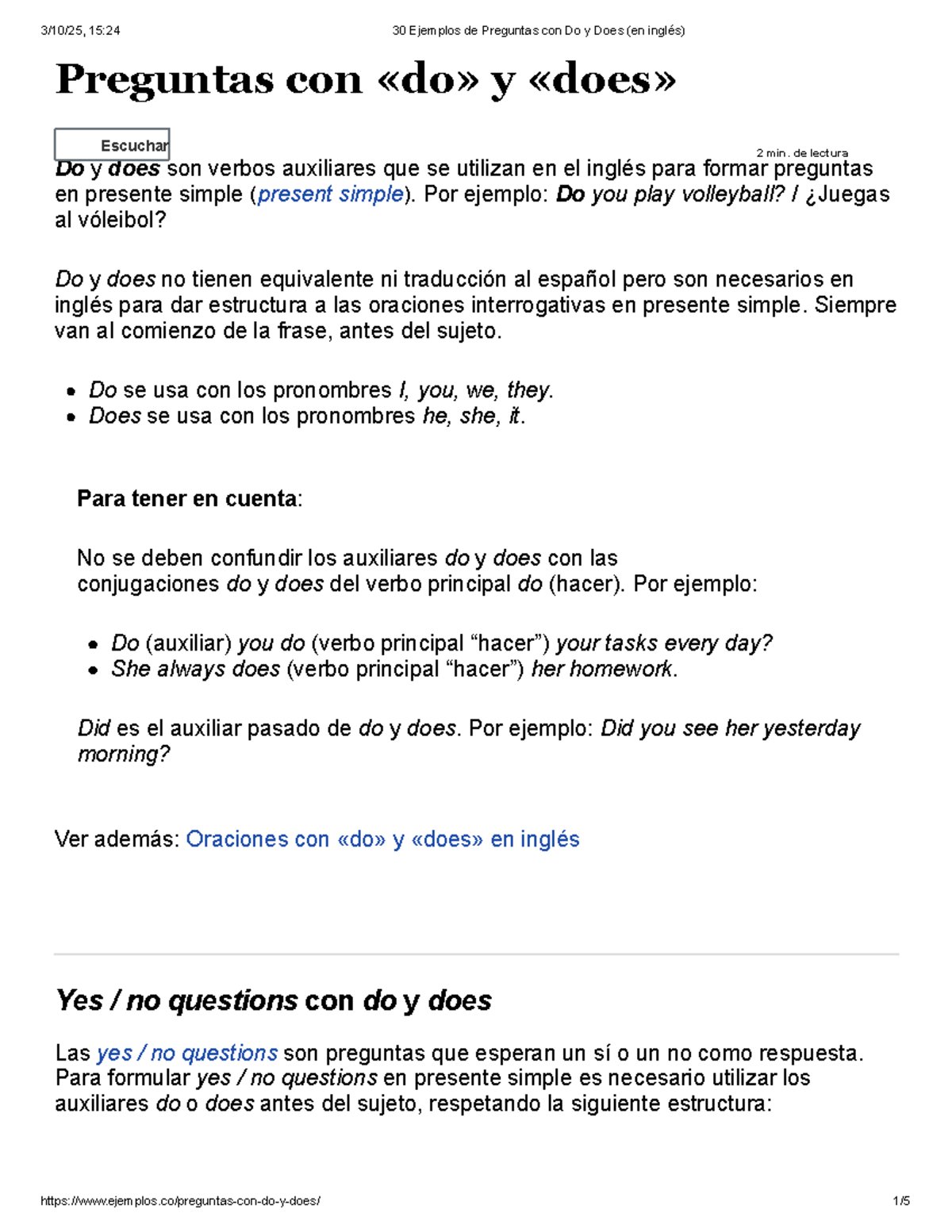 30 Ejemplos de Preguntas con Do y Does - Guía de Estudio - Studocu