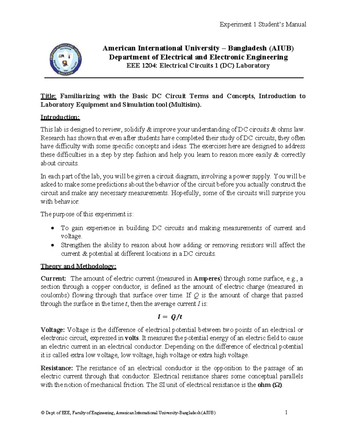 EEE 1204: DC Lab Exp 1 - Student Manual on Circuit Basics & Tools - Studocu