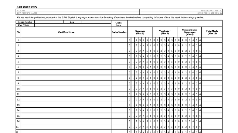SPEAKING TEST: MS A SESSION 2 (STESEN 3) Evaluation Form - Studocu