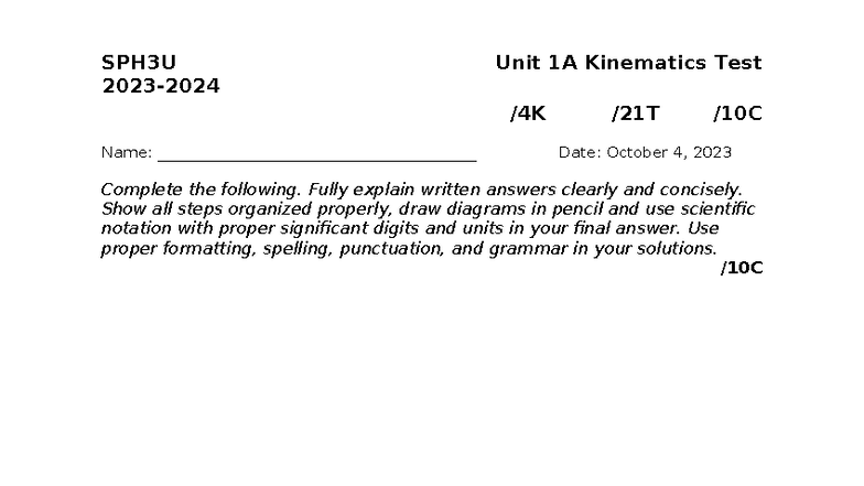 SPH3U Unit 1A Kinematics Test - Short Answer Problems 2023-2024 - Studocu