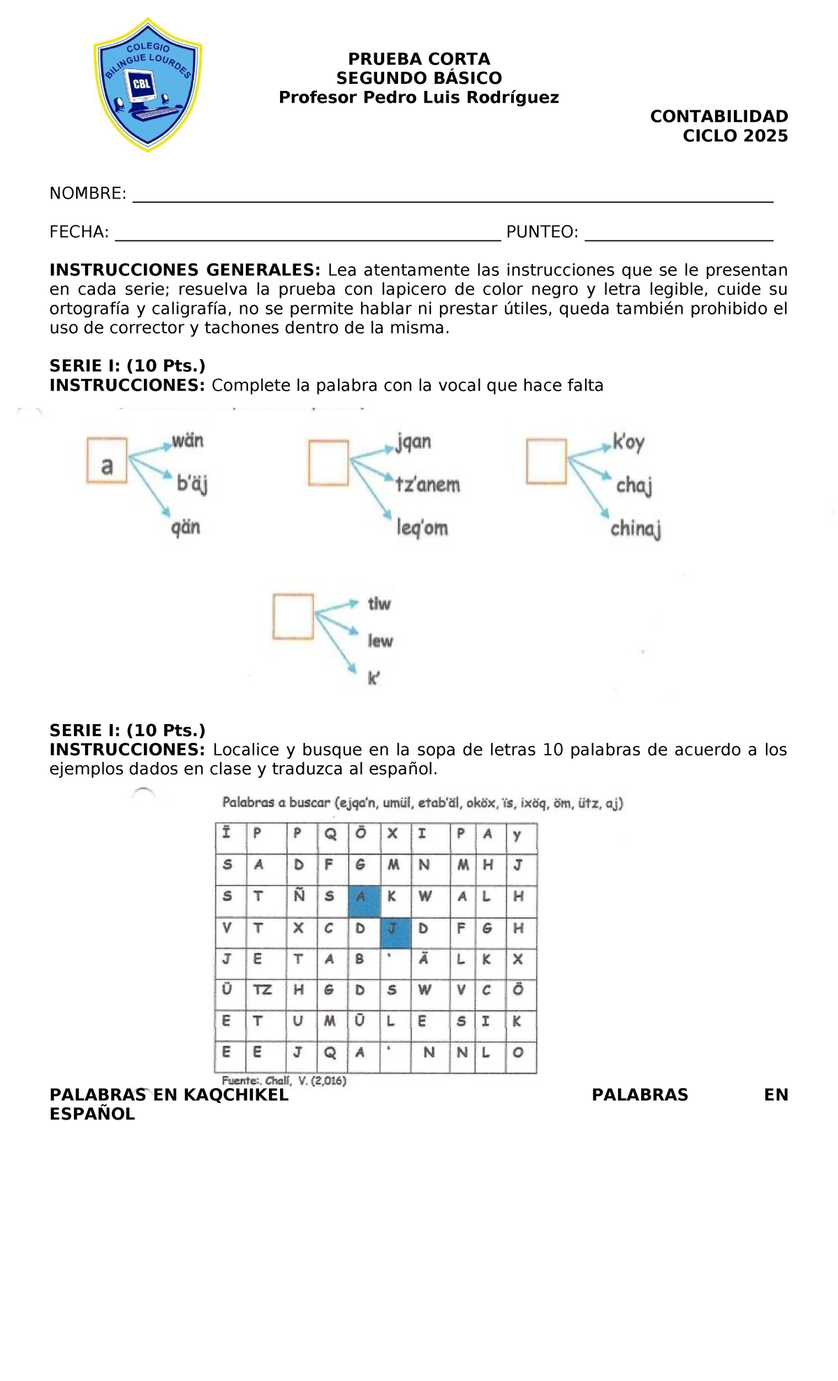 Prueba Corta de Kaqchikel - Segundo Básico 2025 - Studocu